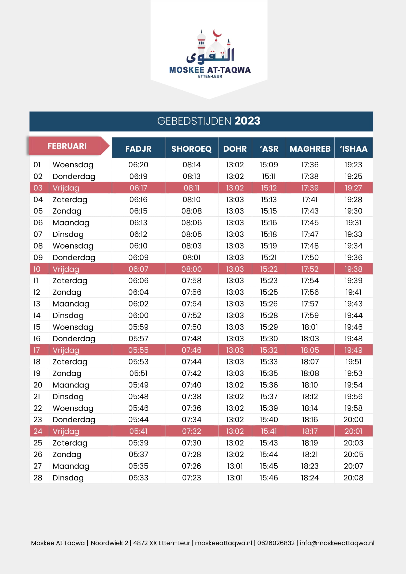 Gebedstijden – Moskee At-Taqwa | Etten-Leur