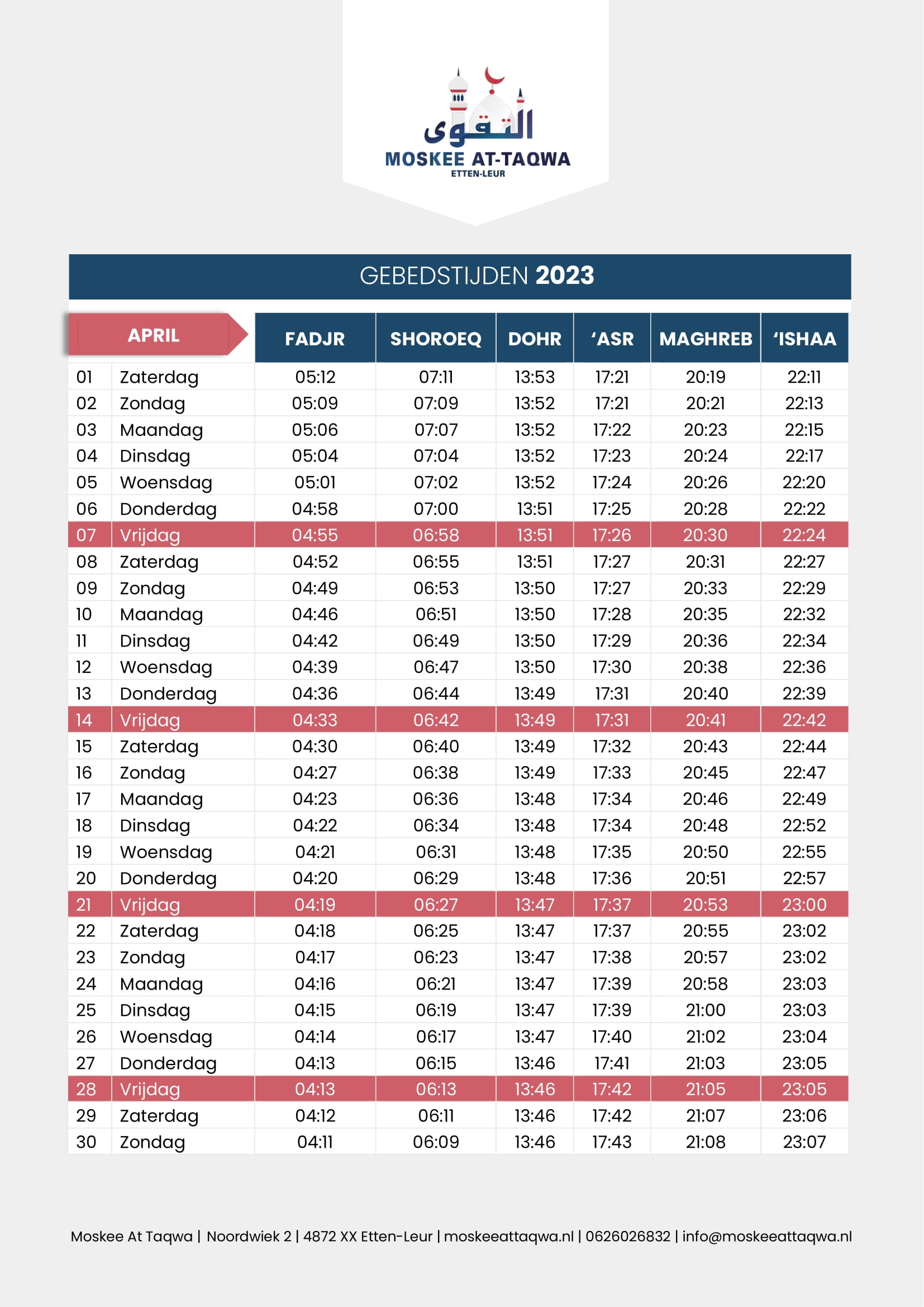 Gebedstijden – Moskee At-Taqwa | Etten-Leur